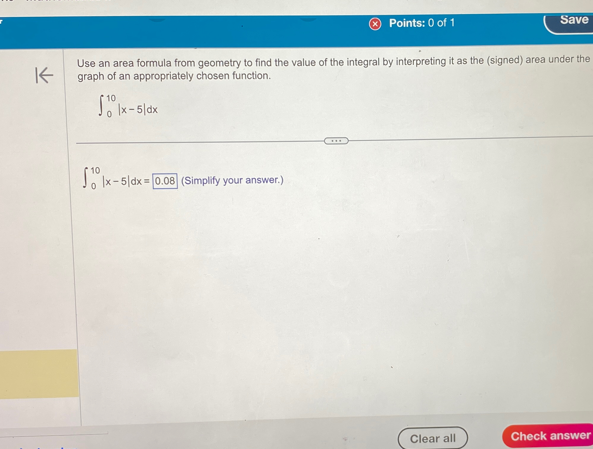 Solved Points: 0 ﻿of 1SaveUse an area formula from geometry | Chegg.com