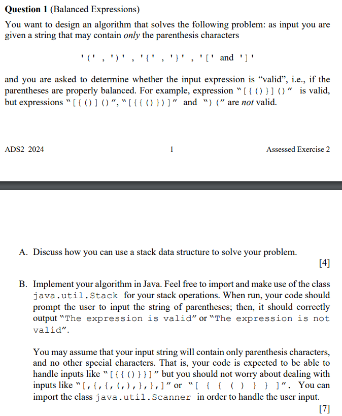 Solved Question 1 (Balanced Expressions)You want to design | Chegg.com