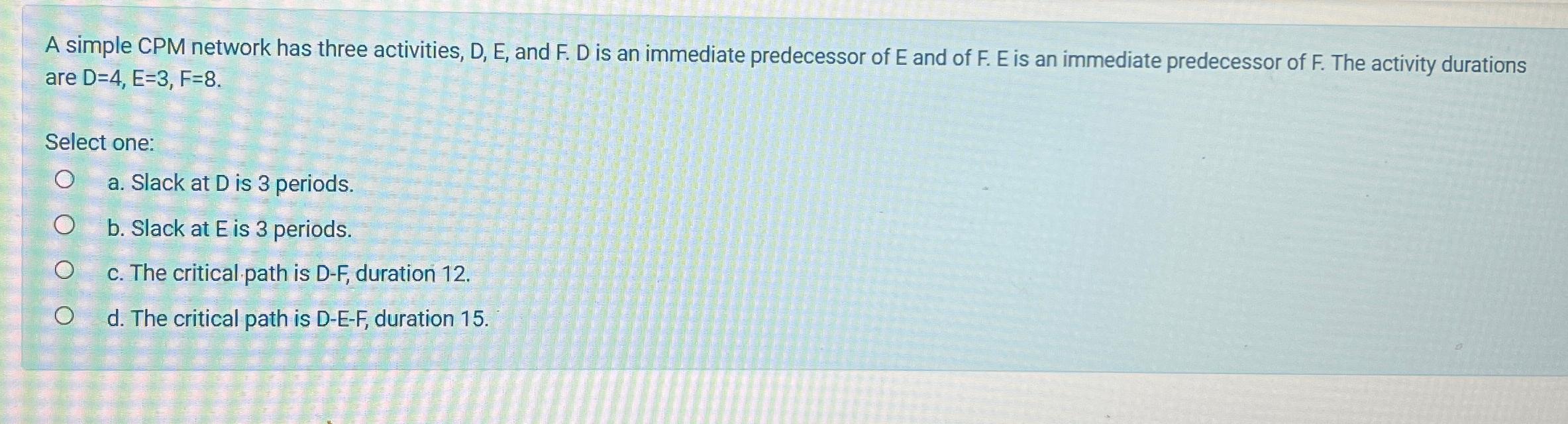 Solved A simple CPM network has three activities, D, ﻿E, | Chegg.com