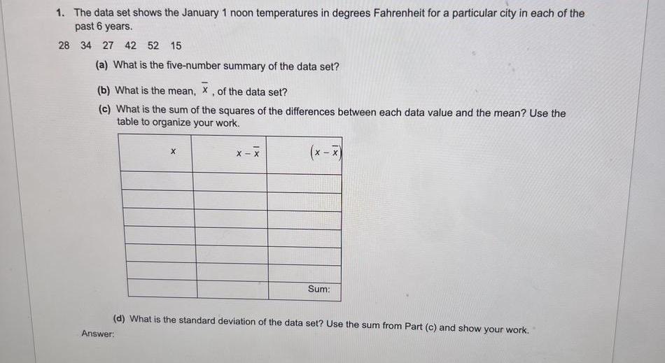 Solved The data set shows the January 1 ﻿noon temperatures | Chegg.com
