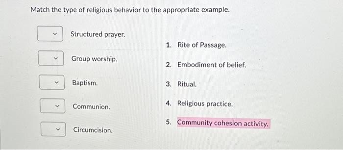 Match the type of religious behavior to the | Chegg.com