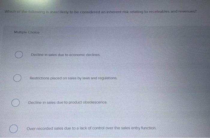 Solved Which of the following is least likely to be | Chegg.com