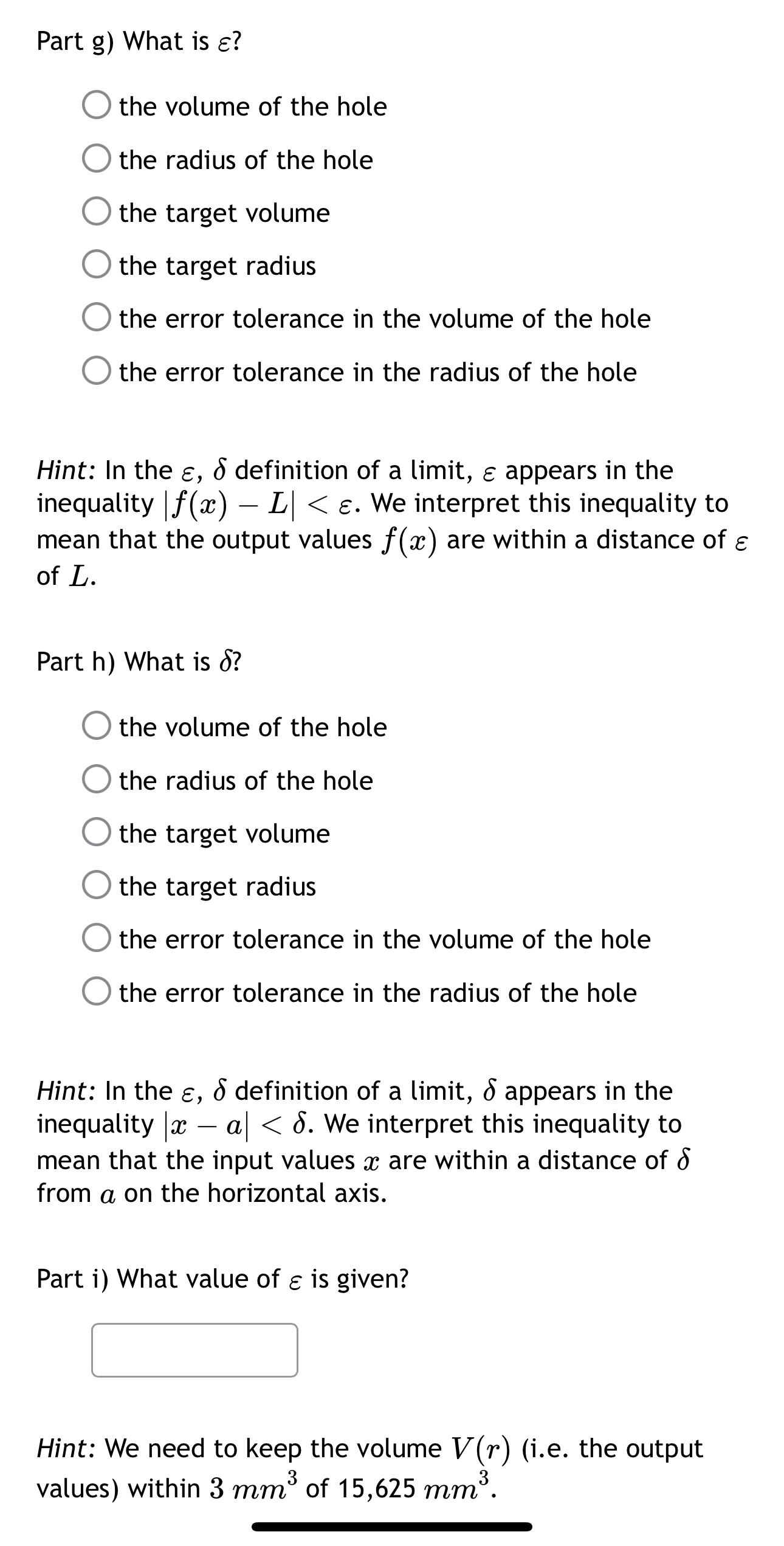 Part g) ﻿What is ε ?the volume of the holethe radius | Chegg.com