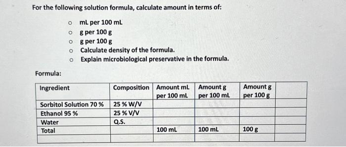 Solved For the following solution formula, calculate amount | Chegg.com