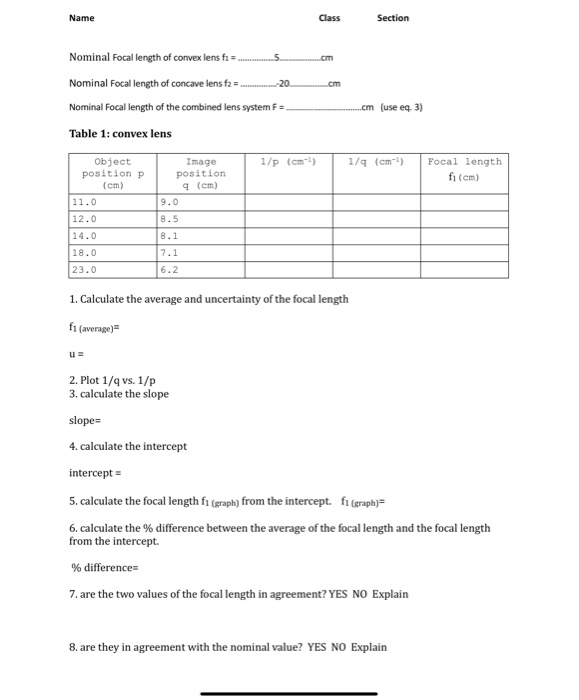 Solved Name Class Section Nominal Focal length of convex | Chegg.com