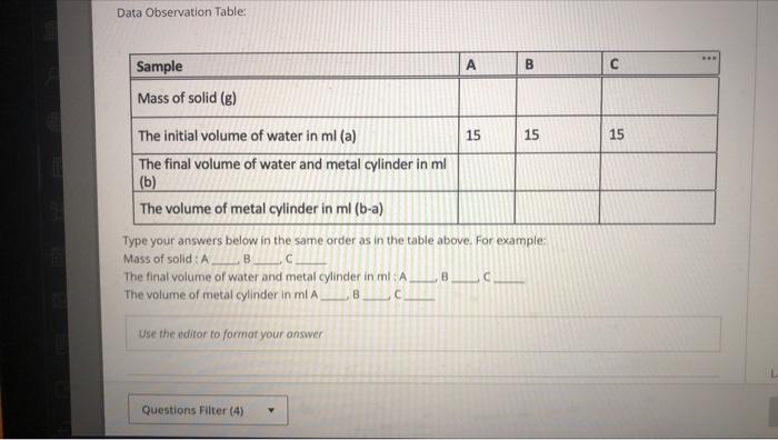 Data Observation Table: A B Sample Mass of solid (g) | Chegg.com