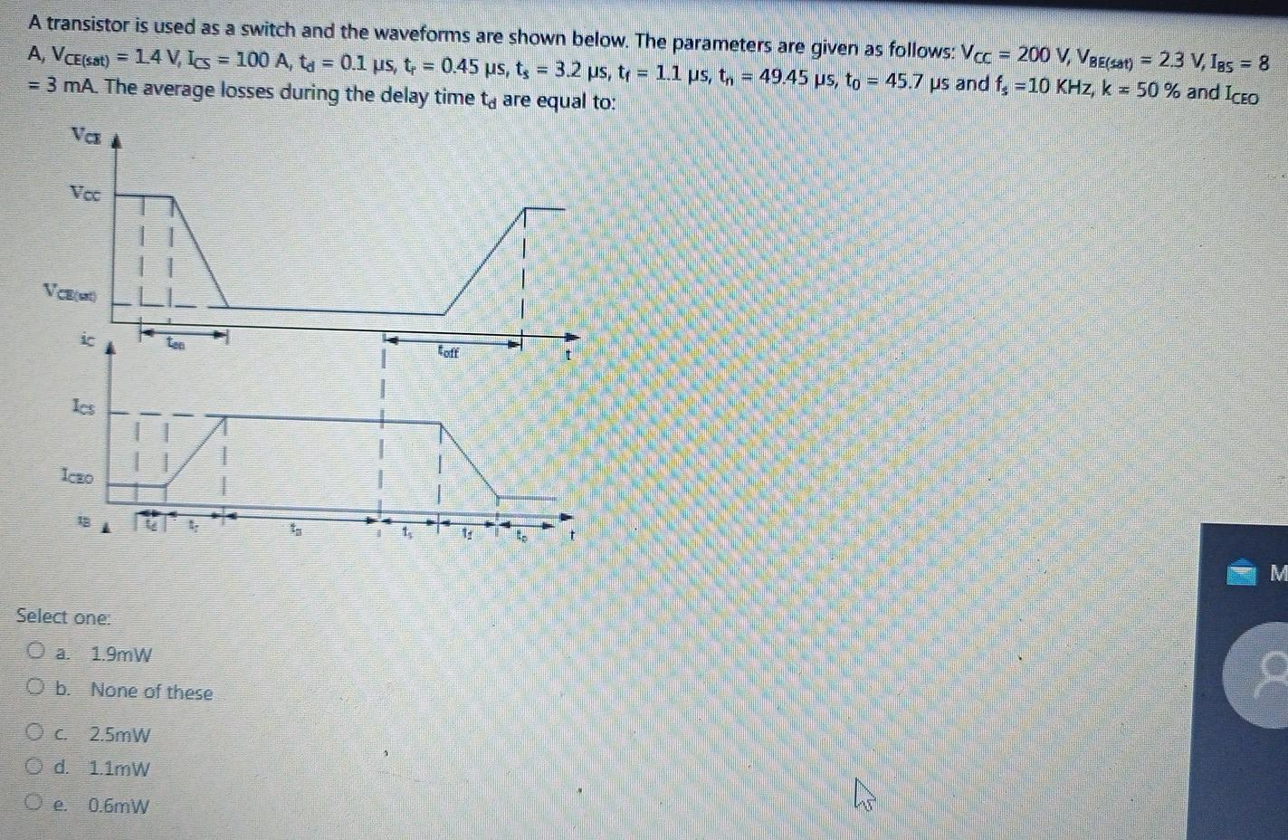 Solved A transistor is used as a switch and the waveforms | Chegg.com