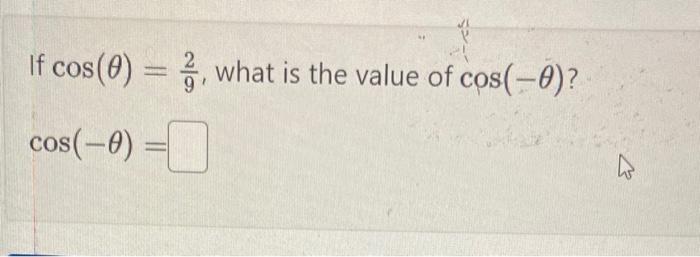 Solved If cos(θ)=92, what is the value of cos(−θ)? cos(−θ)= | Chegg.com