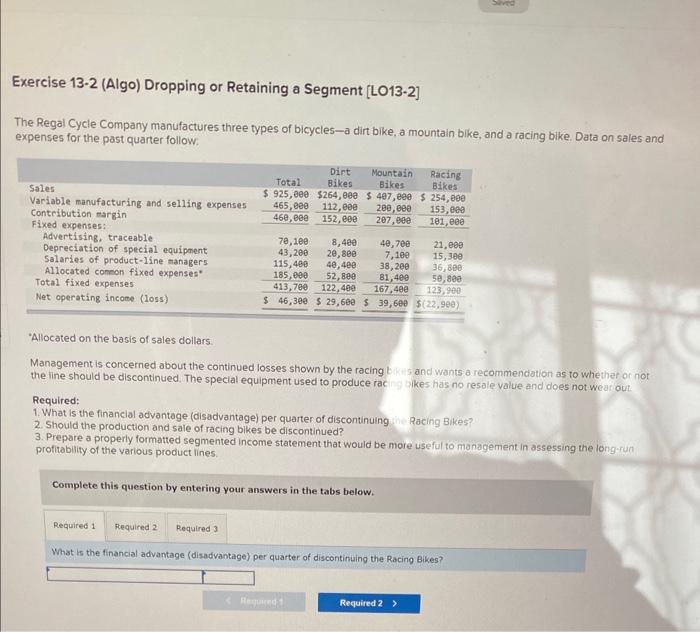 Solved Exercise 13-2 (Algo) Dropping or Retaining a Segment | Chegg.com