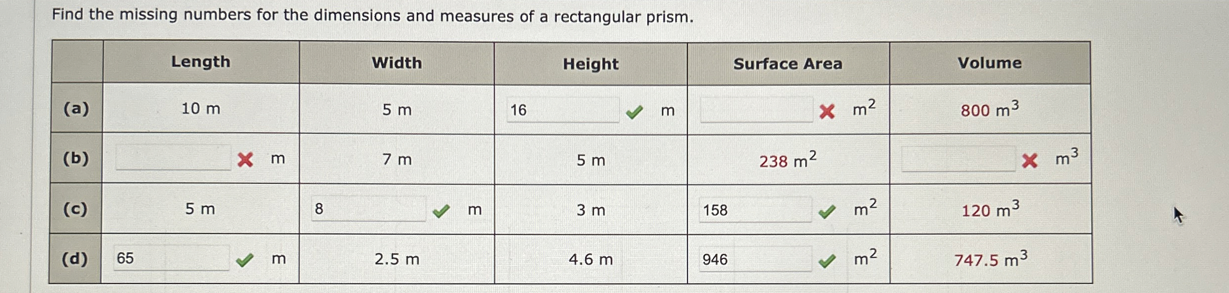 Solved Find the missing numbers for the dimensions and | Chegg.com