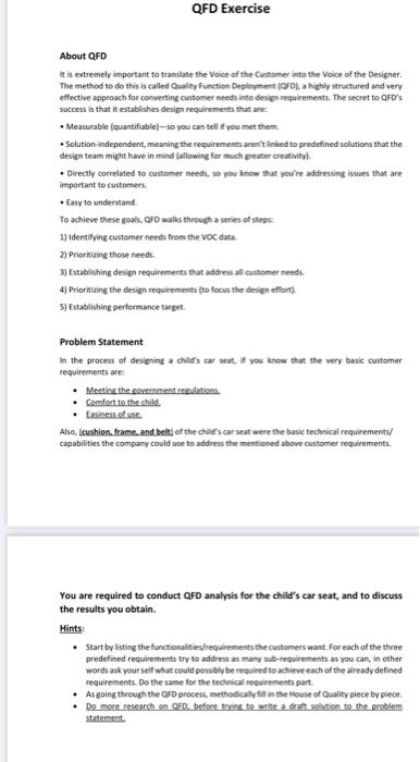 Solved QFD Exercise About QFD It is extremely important to | Chegg.com