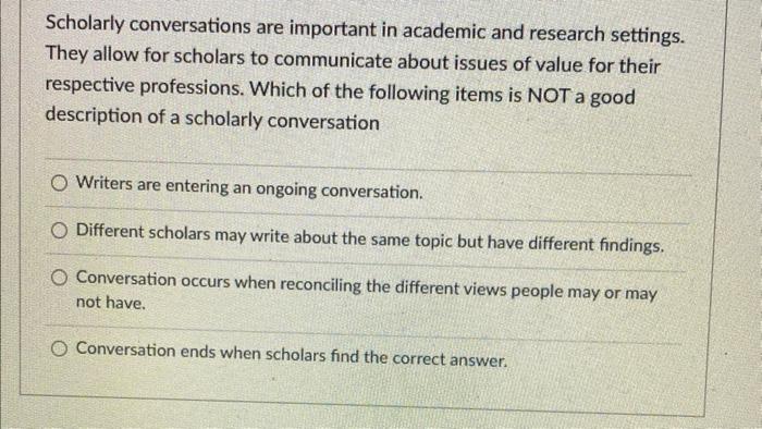 Solved Scholarly conversations are important in academic and | Chegg.com
