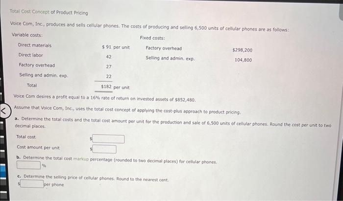 Solved Total Cost Concept of Product Pricing Voice Com, | Chegg.com