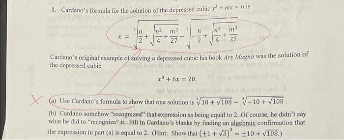 Solved 1. Cardano's formula for the solution of the | Chegg.com