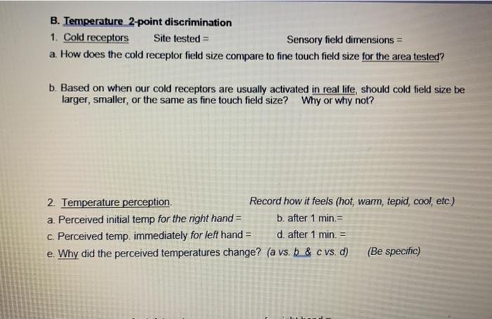 Solved B. Temperature 2-point discrimination 1. Cold | Chegg.com