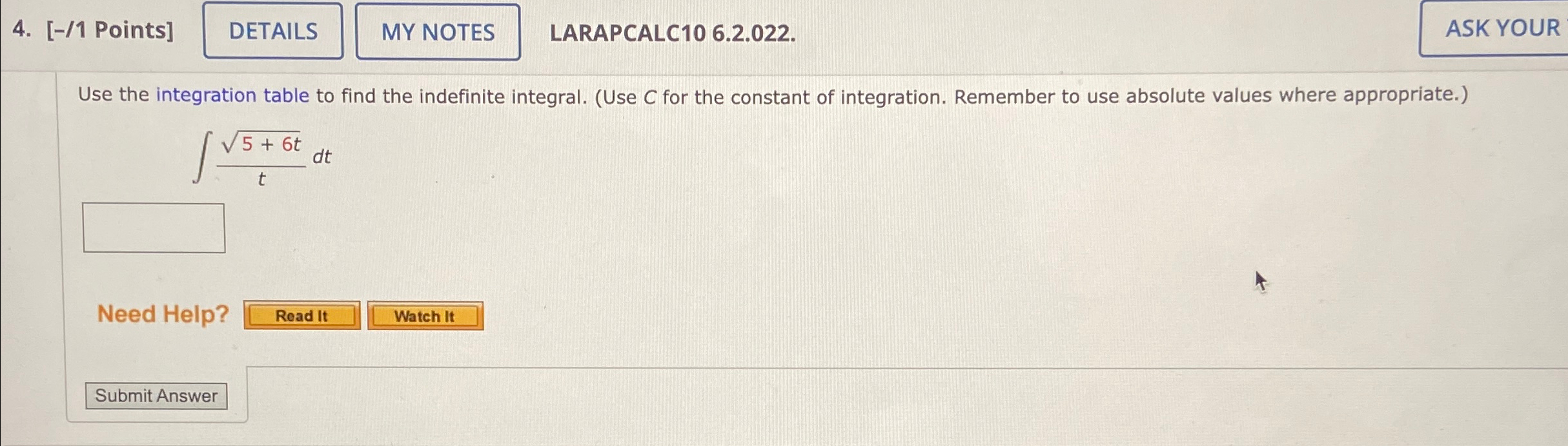 Solved [-/1 ﻿Points]LARAPCALC10 6.2.022.ASK YOURUse the | Chegg.com