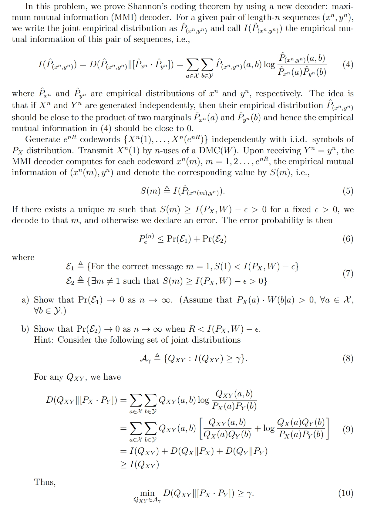 In this problem, we prove Shannon's coding theorem by | Chegg.com