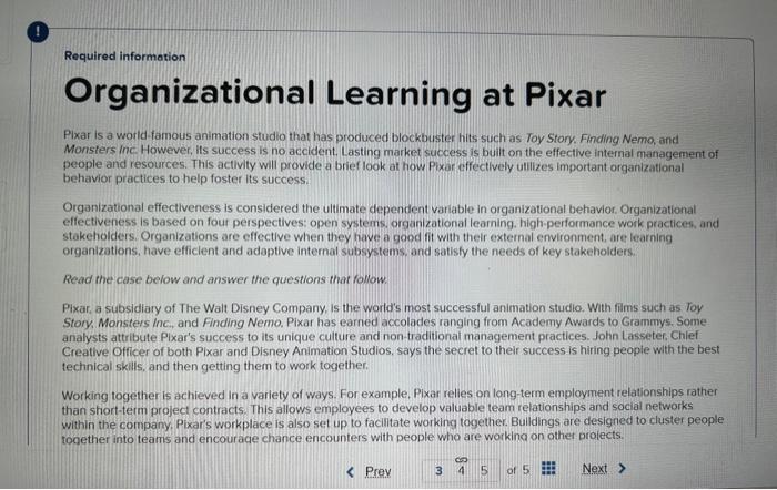 Organizational Learning at Pixar Pixar is a world | Chegg.com