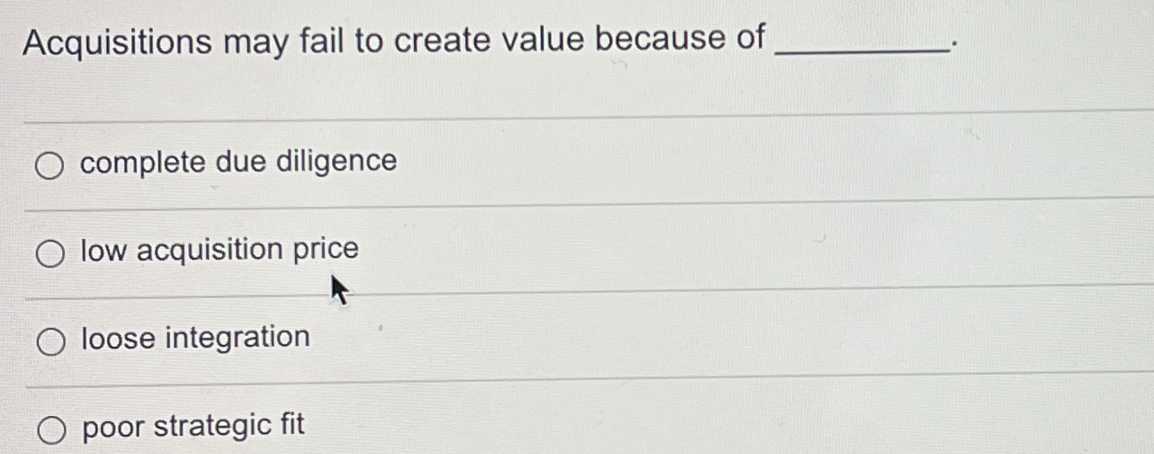 Solved Acquisitions may fail to create value because | Chegg.com