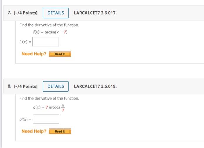 Solved Find the derivative of the function. f(x)=arcsin(x−7) | Chegg.com