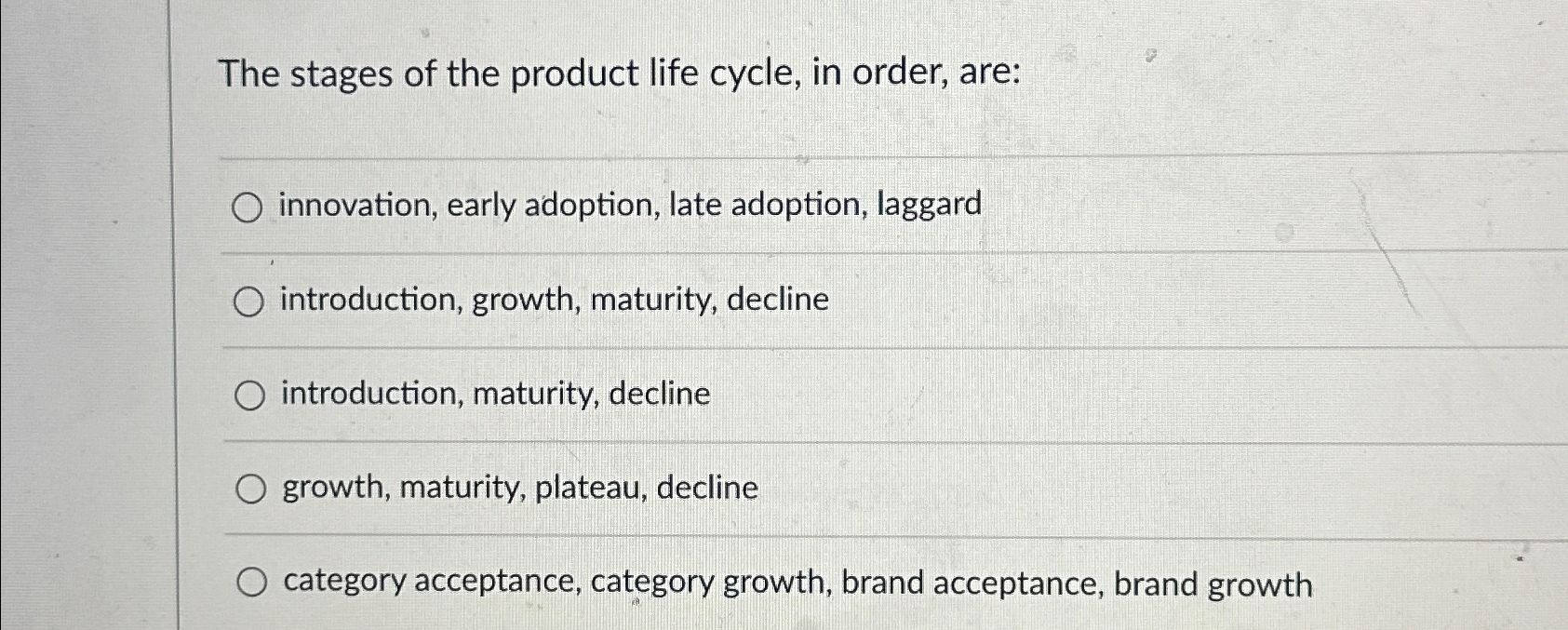 Solved The stages of the product life cycle, in order, | Chegg.com