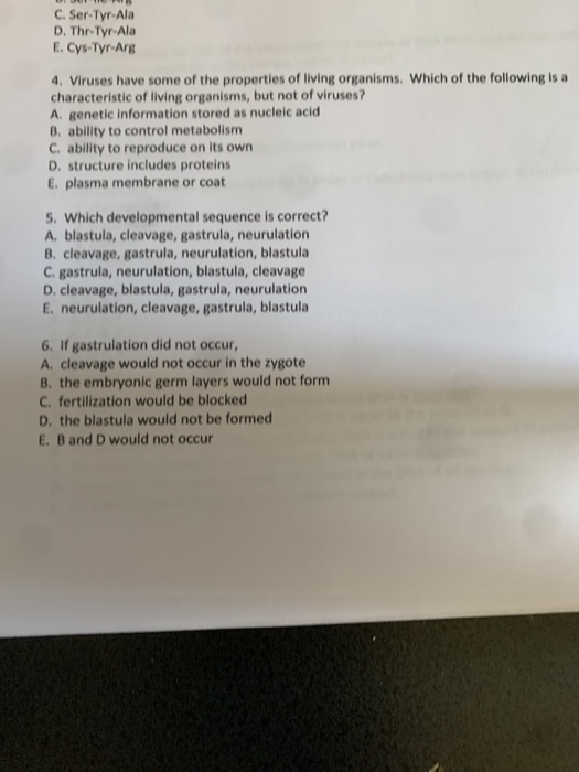 Solved C. Ser-Tyr Ala D. Thr-Tyr-Ala E. Cys-Tyr-Are 4. | Chegg.com