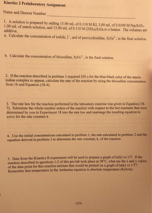 Solved Kinetics 2 Prelaboratory Assignment Name and Drawer | Chegg.com