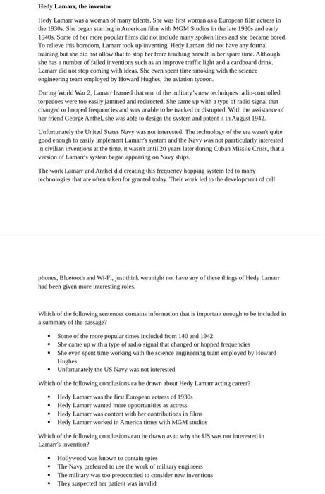 Solved Hedy Lamarr, the inventer Hedy Lamarr was a woman of | Chegg.com