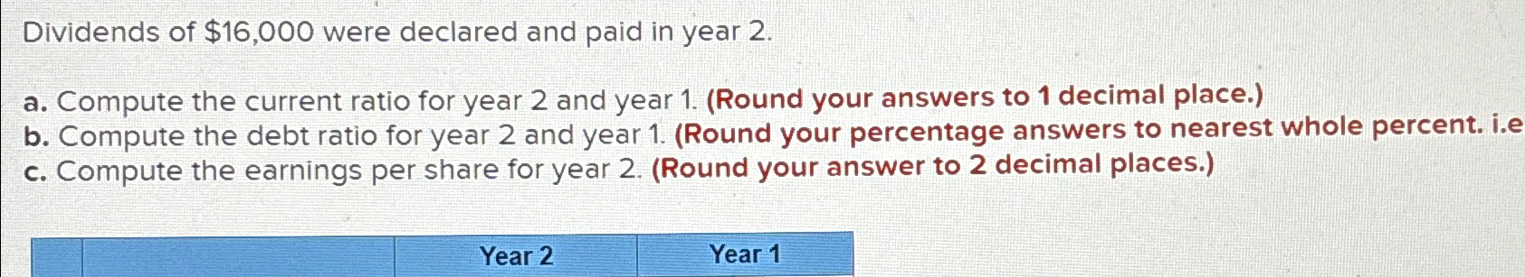 Dividends of $16,000 were declared and paid in year 2 | Chegg.com