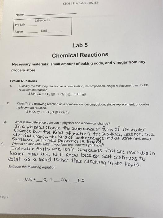 Solved CHM 131A Lab 5 - 2021SP Name: Lab report 5 Pre-Lab | Chegg.com