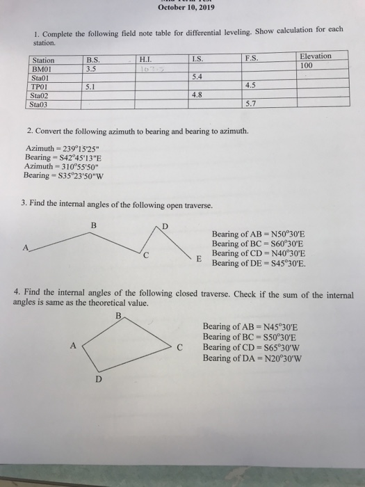 Solved October 10, 2019 1. Complete the following field note | Chegg.com