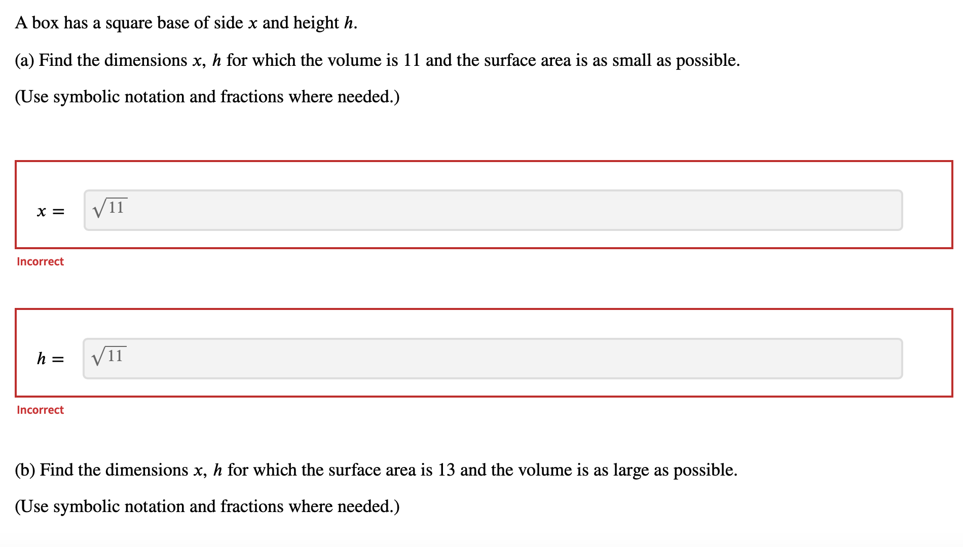 Solved A box has a square base of side x ﻿and height h.(a) | Chegg.com