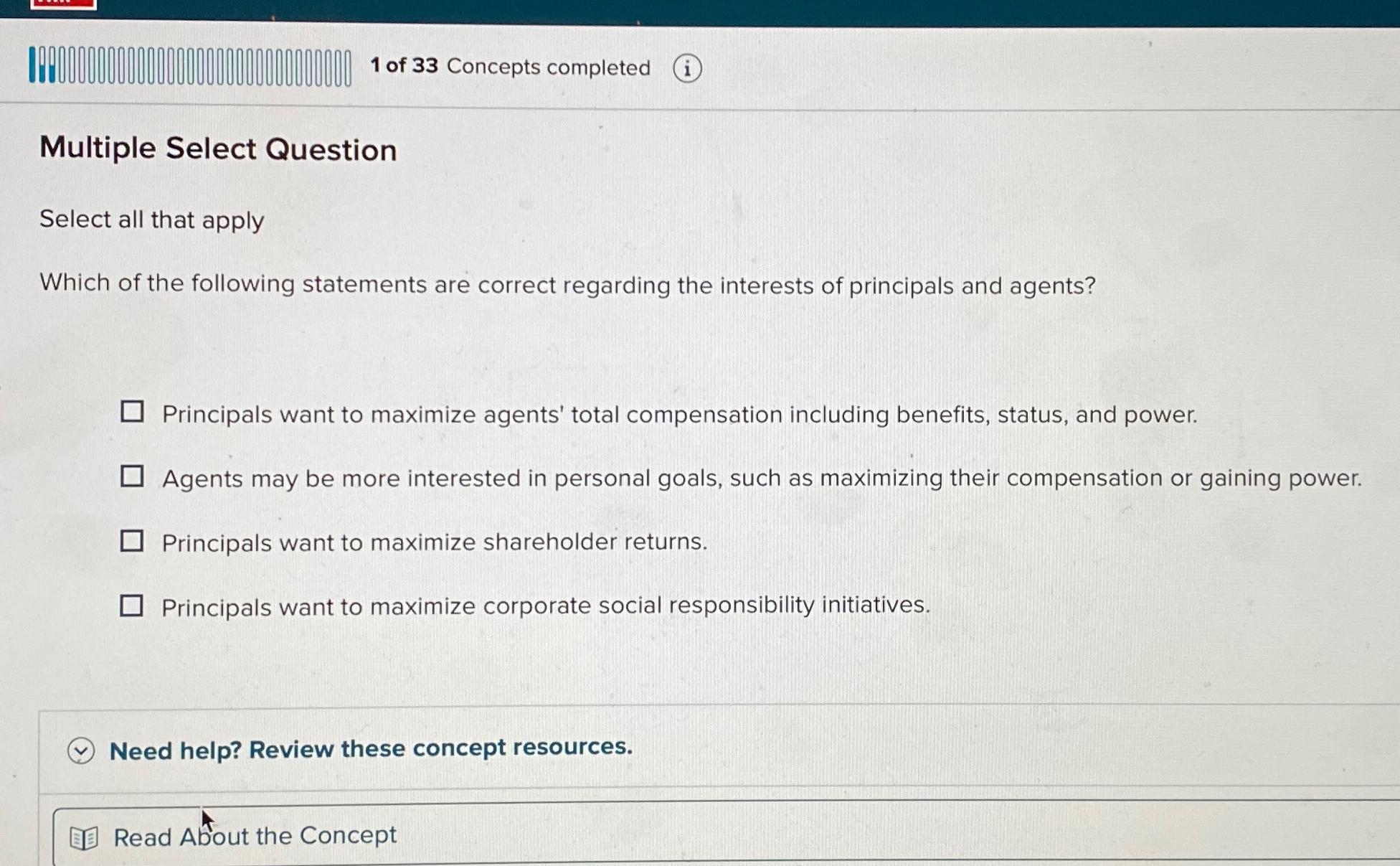 Solved 1 ﻿of 33 ﻿Concepts completed (i)Multiple Select | Chegg.com