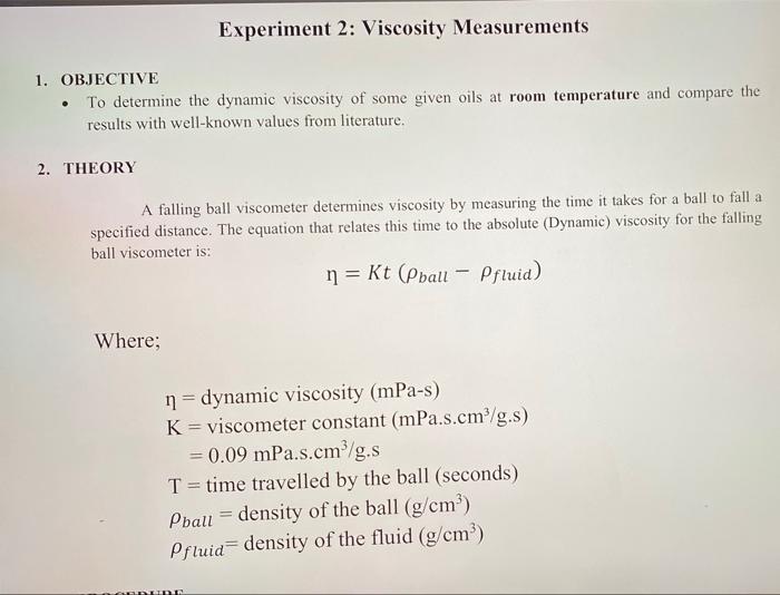 Experiment 2: Viscosity Measurements 1. OBJECTIVE To | Chegg.com