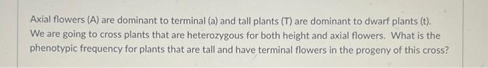 Solved Axial flowers (A) are dominant to terminal (a) and | Chegg.com