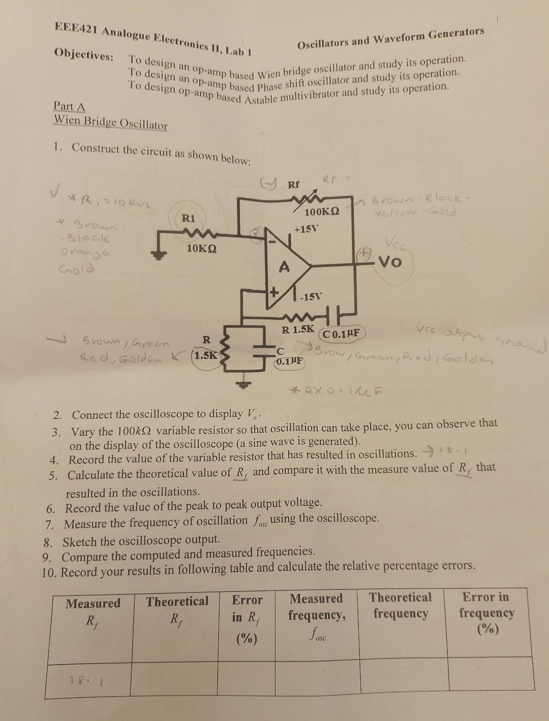Solved EEE42 1 Analogue Electronies II, Lab I Oscillators | Chegg.com