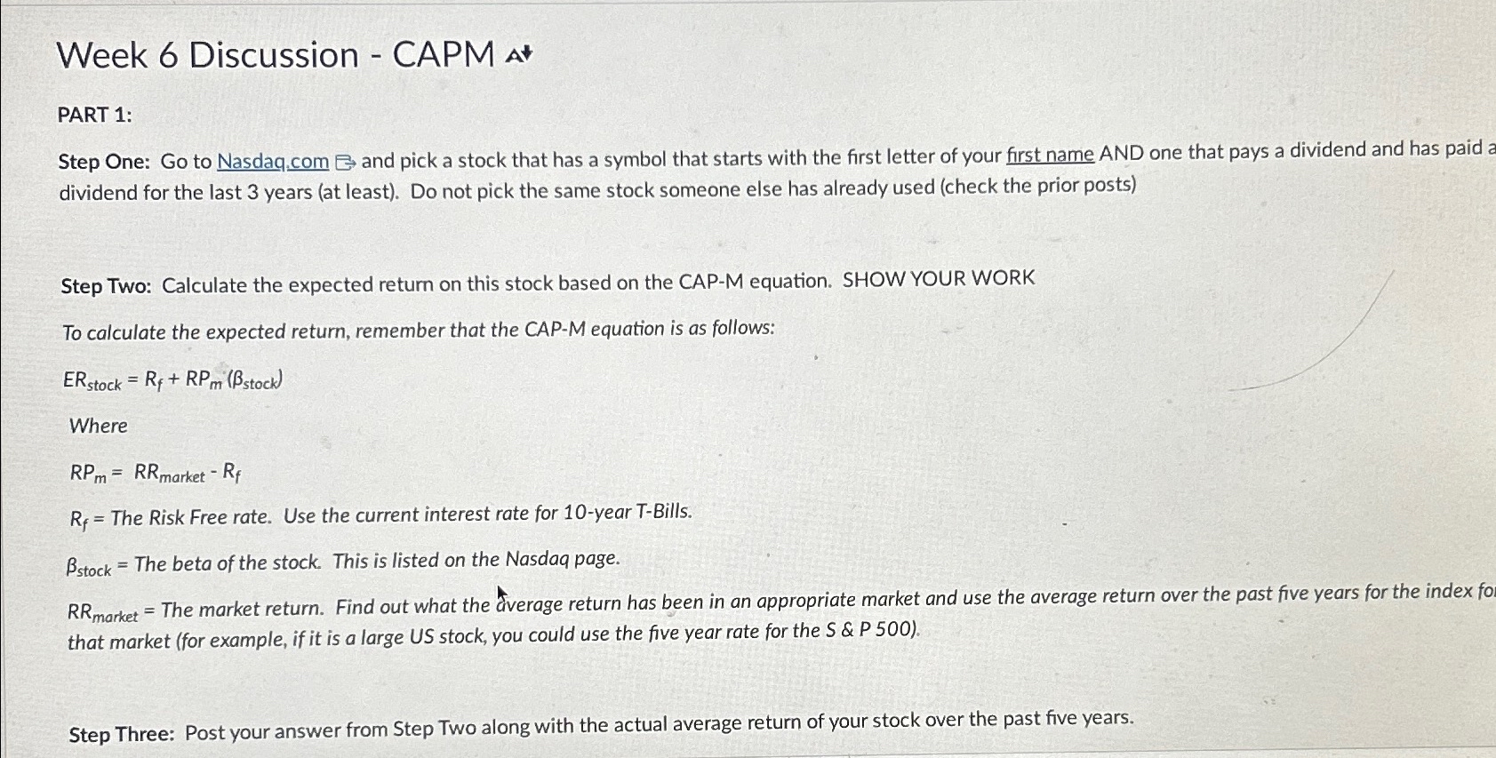 Solved Week 6 ﻿Discussion - ﻿CAPM atPART 1:Step One: Go to | Chegg.com