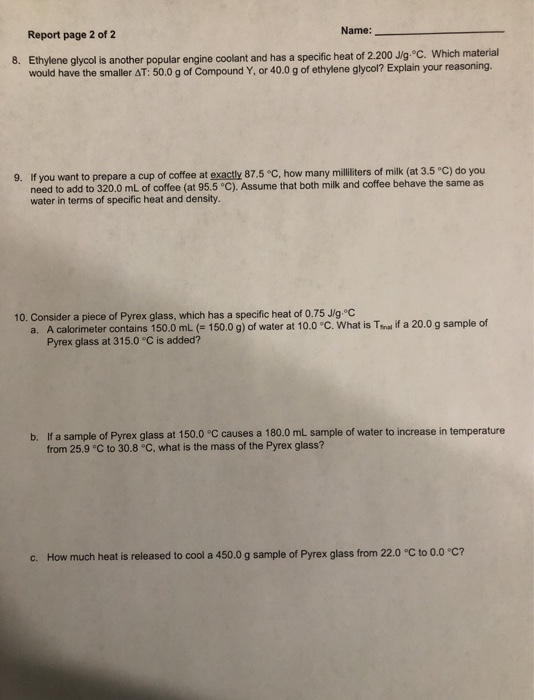 Solved Experiment 16 v2 Name: SPECIFIC HEAT OBJECTIVES 1. To | Chegg.com