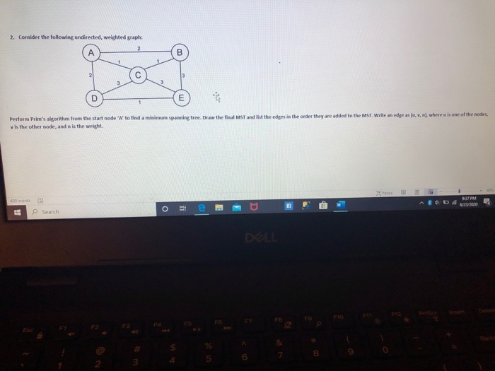 Solved 2. Consider the following undirected, weighted graph: | Chegg.com