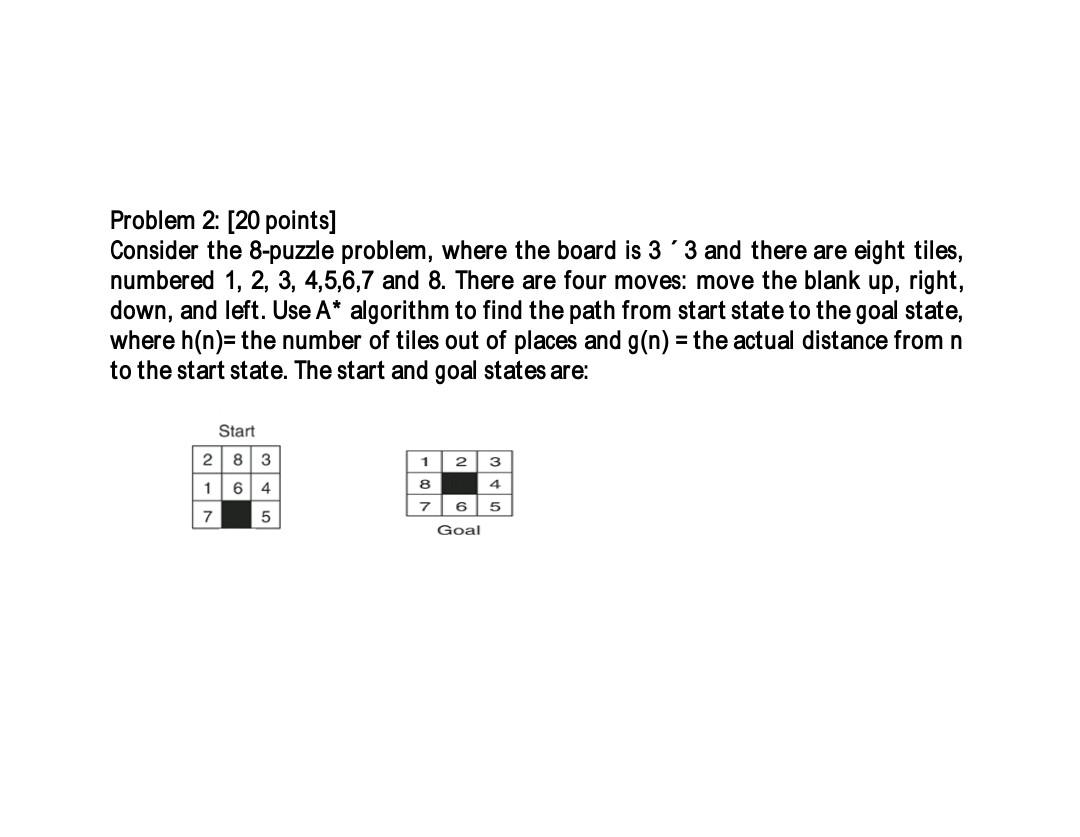 Solved Problem 2: (20 points] Consider the 8-puzzle problem, | Chegg.com