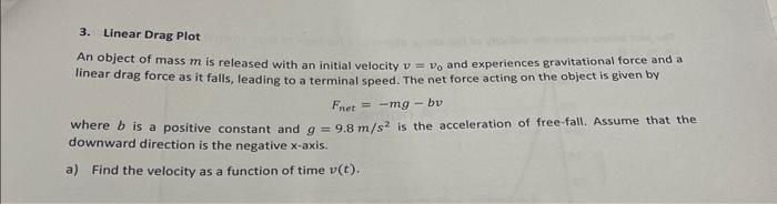 Solved 3. Linear Drag Plot An object of mass m is released | Chegg.com
