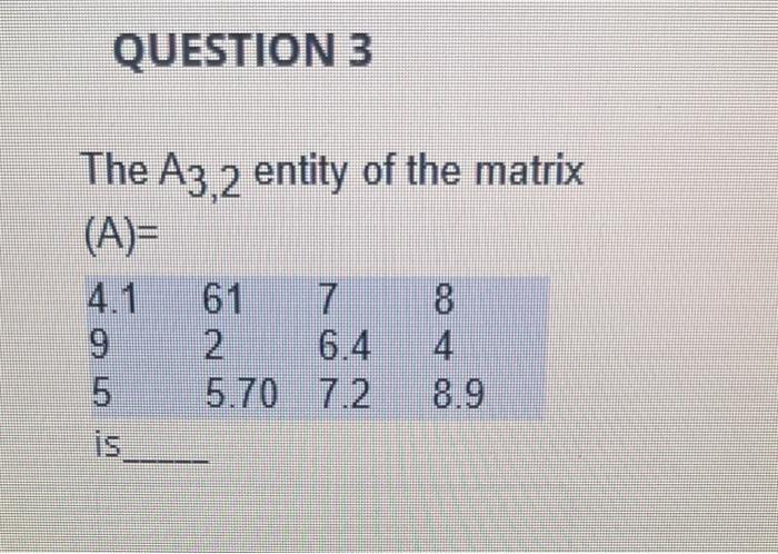 Solved The A3,2 entity of the matrix (A)= | Chegg.com