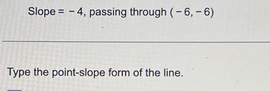 Solved Slope =-4, ﻿passing through (-6,-6)Type the | Chegg.com