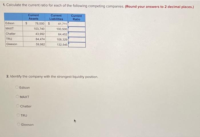 Solved 1. Calculate the current ratio for each of the | Chegg.com