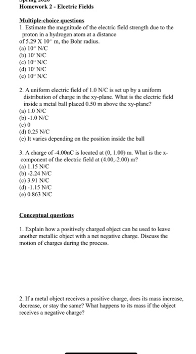 Solved DP 0 0 Homework 2 - Electric Fields Multiple-choice | Chegg.com