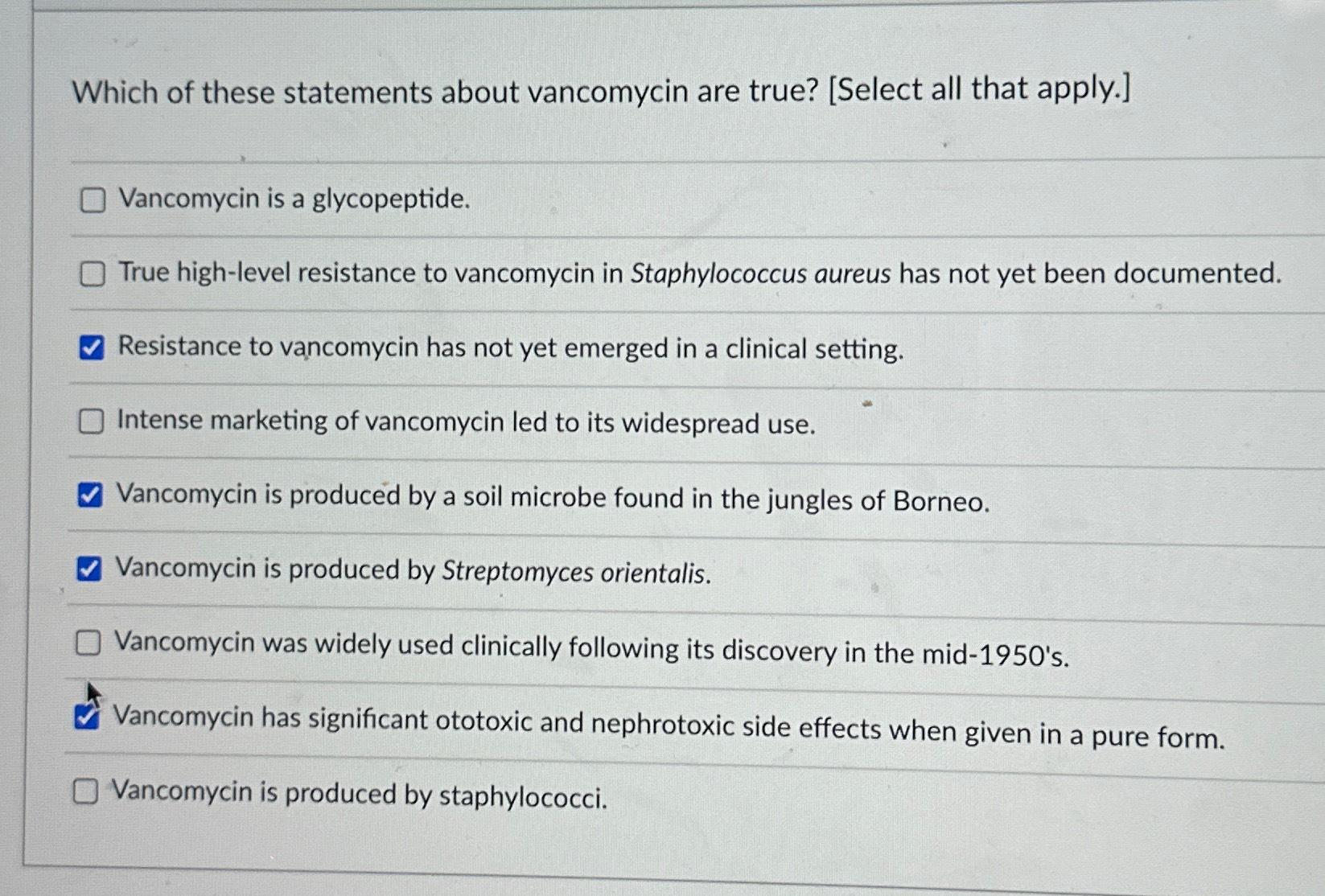 Solved Which of these statements about vancomycin are true? | Chegg.com