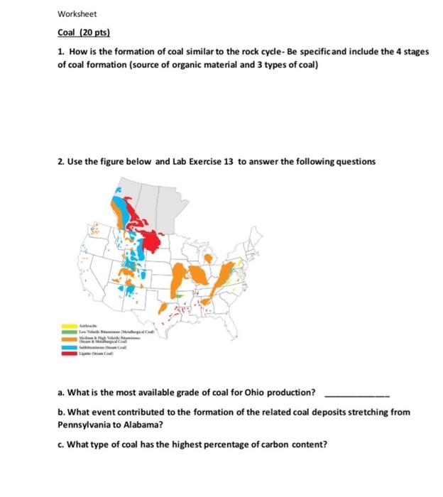 Solved Worksheet Coal (20 pts) 1. How is the formation of | Chegg.com