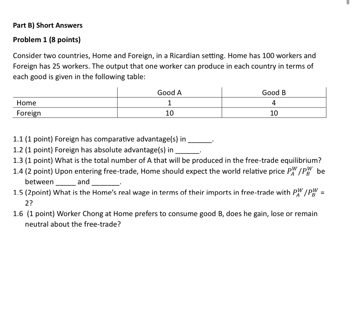 Solved Part B) ﻿Short AnswersProblem 1 (8 ﻿points)Consider | Chegg.com