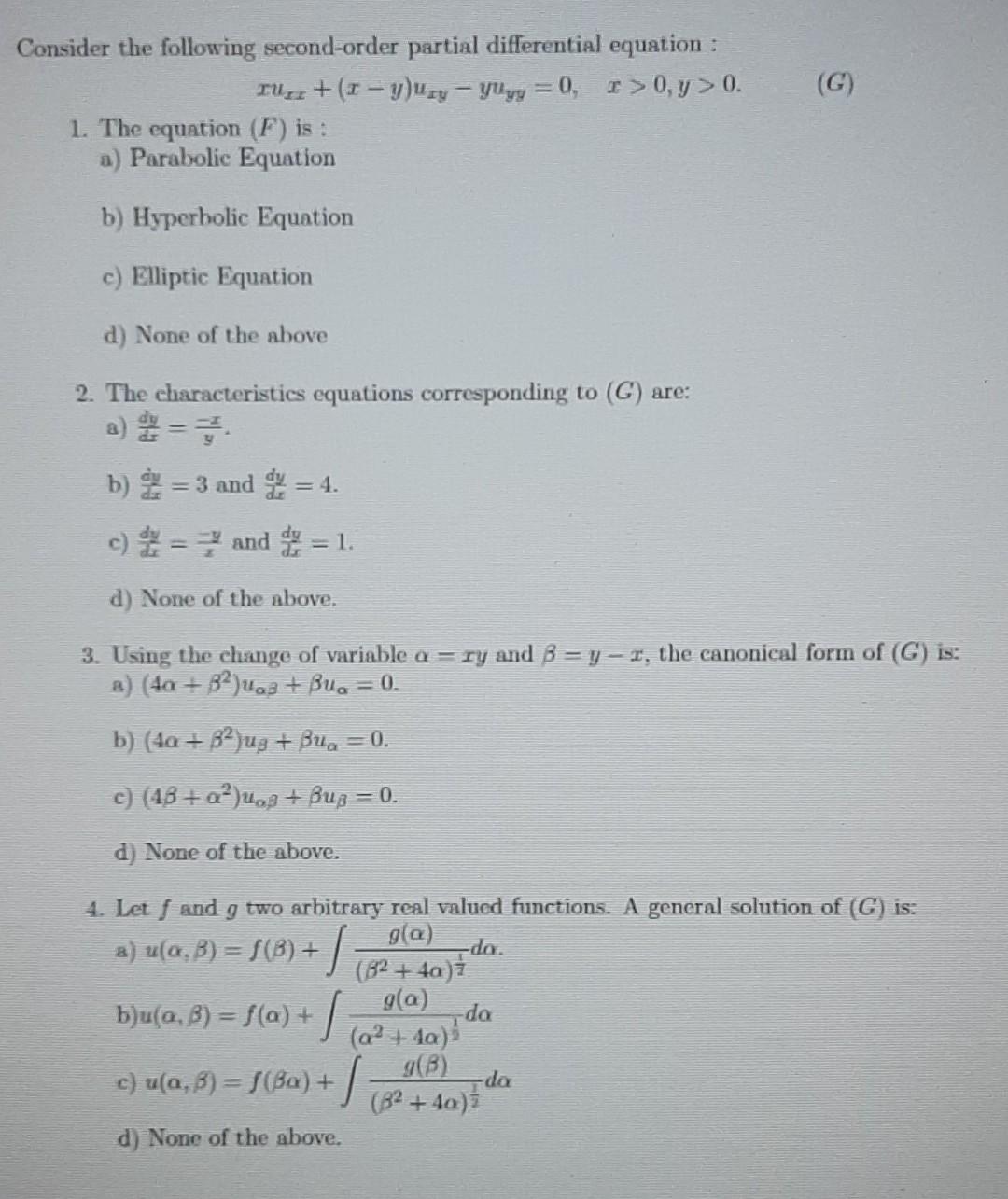 Solved Partial Differential Equations MCQs Please solve all | Chegg.com