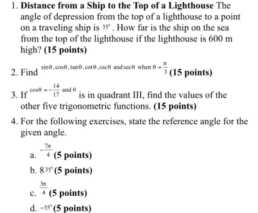 Solved J 1. Distance from a Ship to the Top of a Lighthouse | Chegg.com